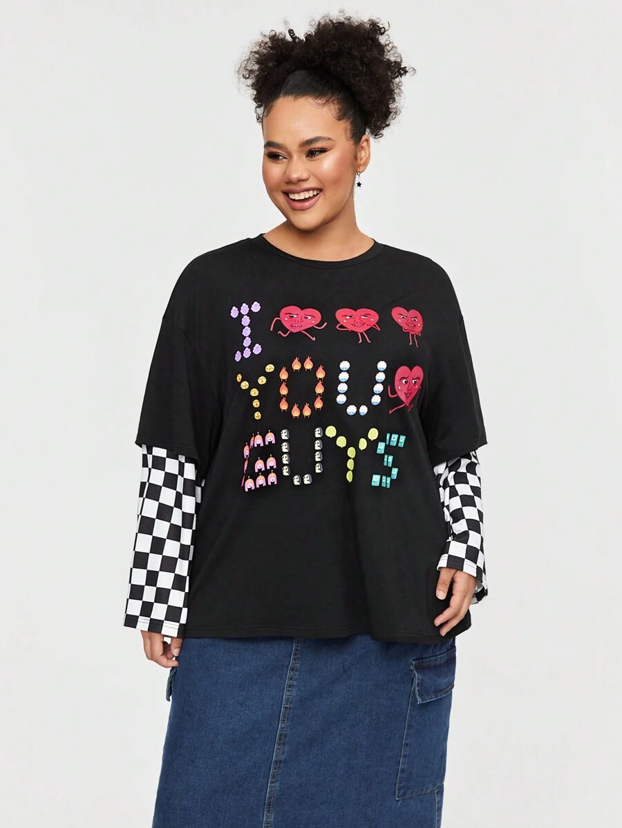 ADVENTURE TIME X SHEIN Plus Cartoon And Letter Print 2-In-1 T-Shirt ...