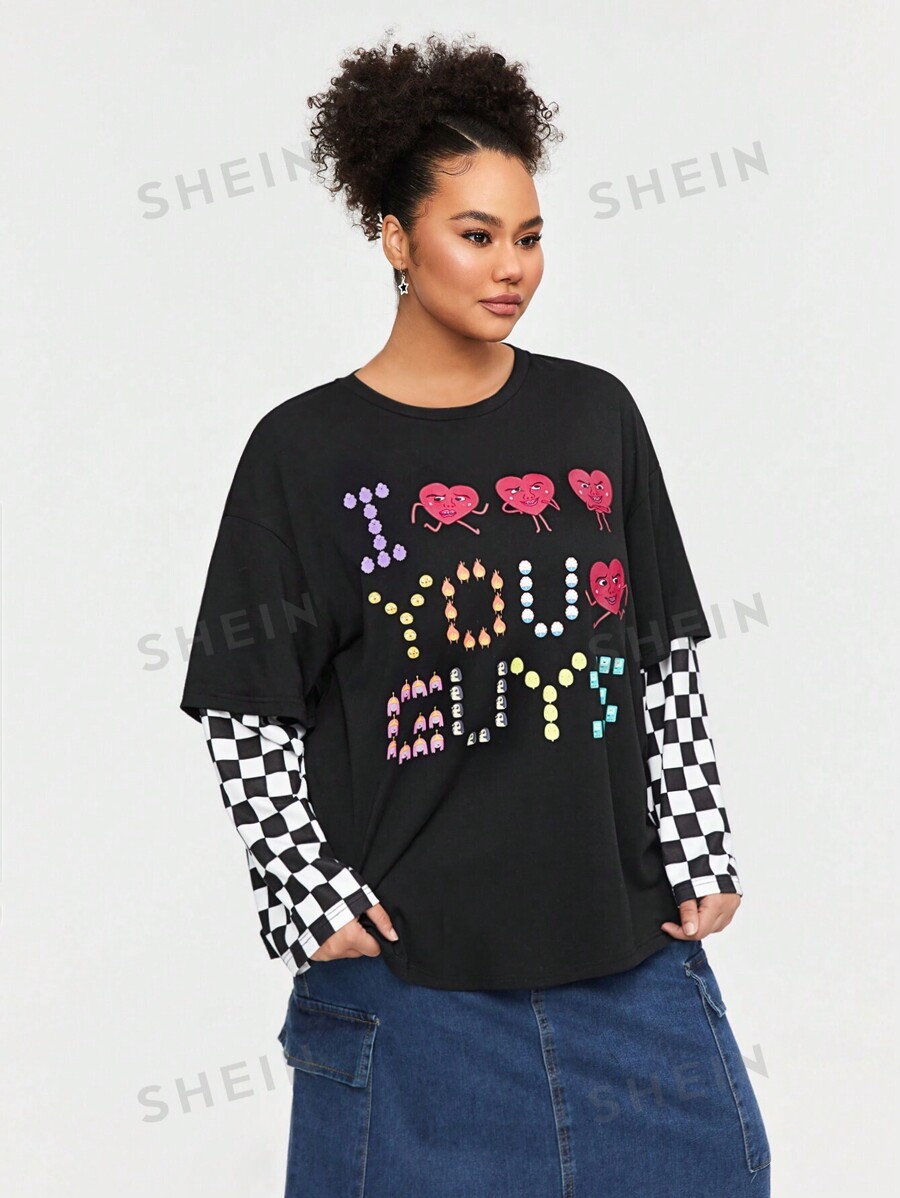 ADVENTURE TIME X SHEIN Plus Cartoon And Letter Print 2-In-1 T-Shirt ...