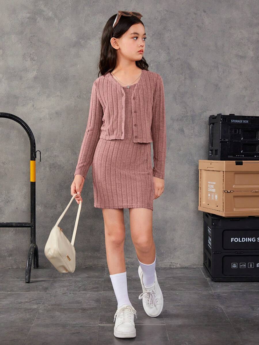 SHEIN Tween Girls' Solid Color Knit Camisole Dress With Open Front Cardigan, 2 Piece Casual Set ...