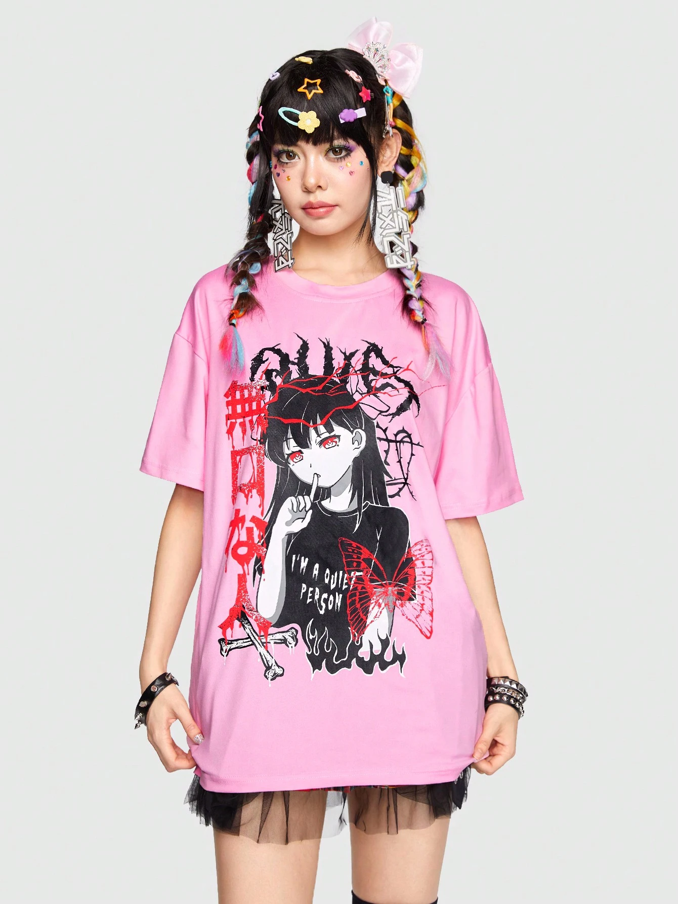 ROMWE Anime 文字と漫画のキャラクターがプリントされたレディース オーバーサイズ T シャツ | SHEIN JAPAN