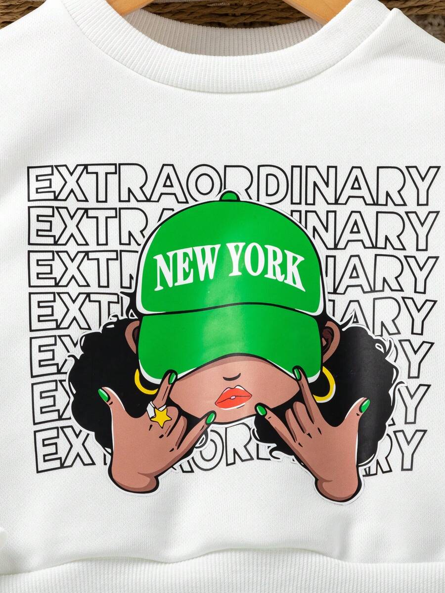 SHEIN SHEIN Cooltwn Kids Young Girl Character Printed Round Neck Sweatshirt And Pleated Skirt ...