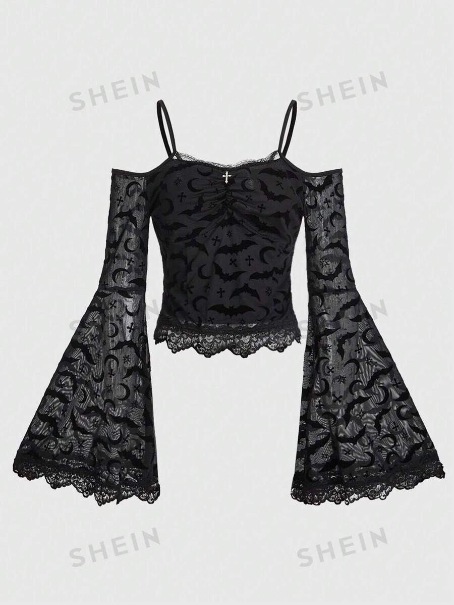 ROMWE Goth Women's Gothic Flare Sleeve Off Shoulder Top With Lace ...