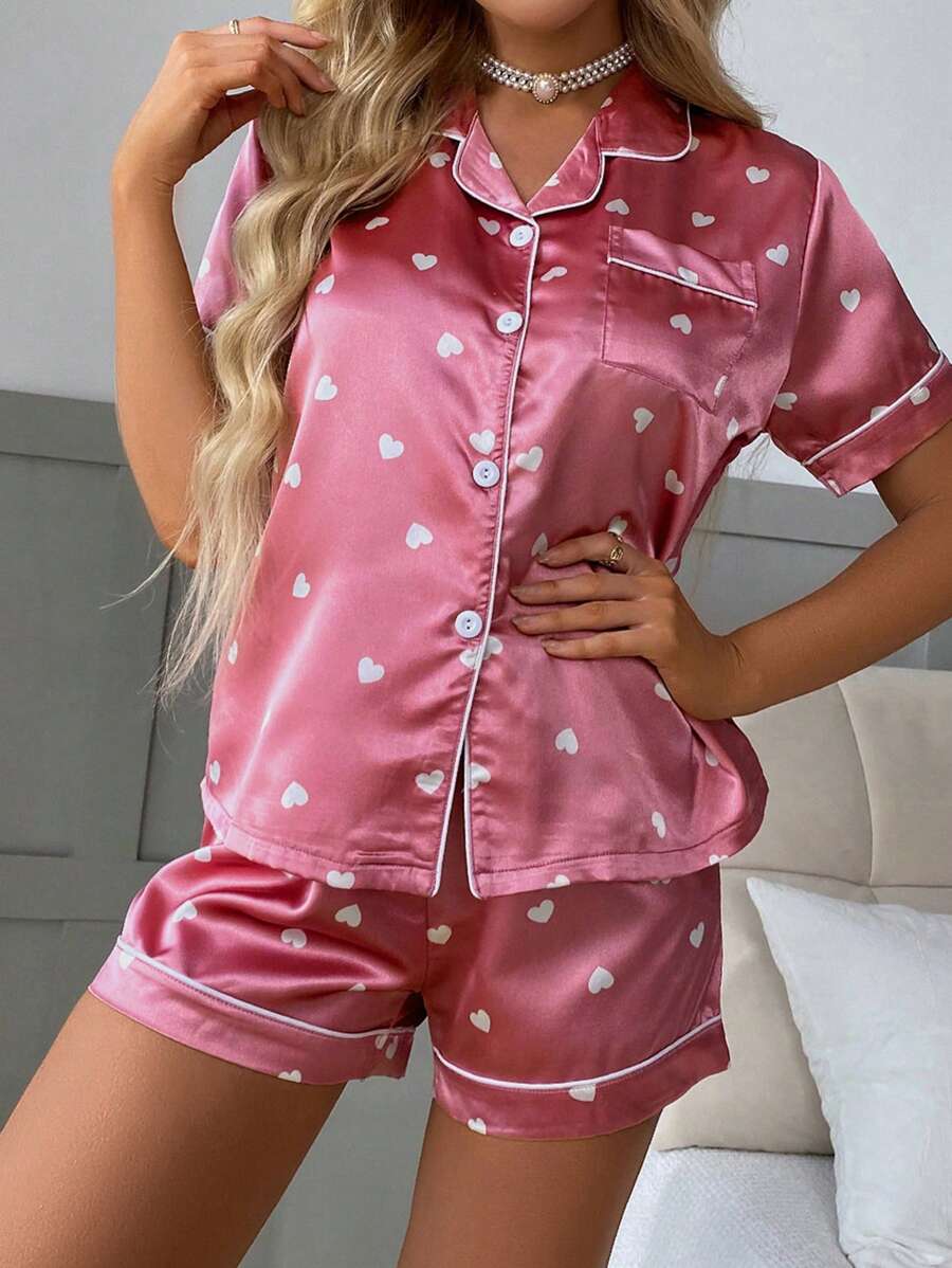 Imitated Silk Heart Print Short Sleeve Top And Shorts Pajamas Set ...