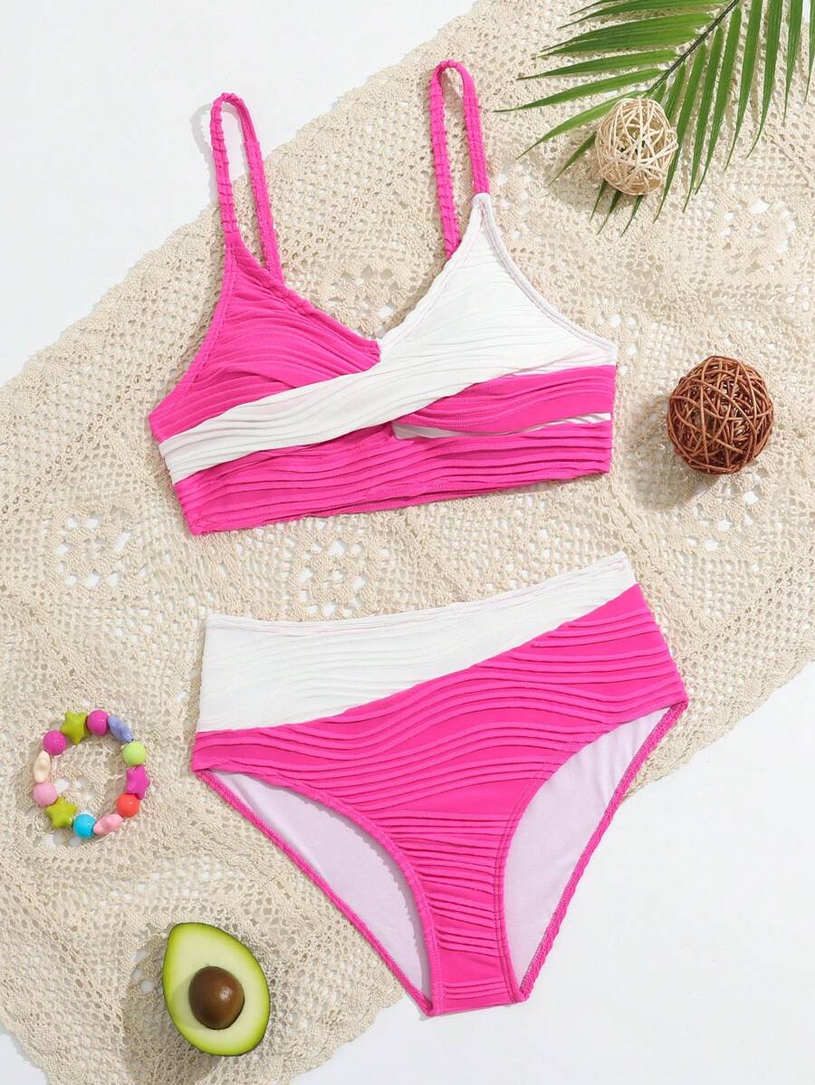 Tween Girls' Contrast Colored Textured Swimsuit Set | SHEIN