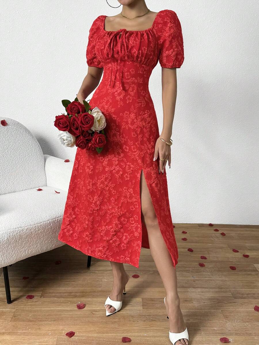 SHEIN Raffinéa Puff Sleeve Pleated Chest Jacquard Dress With High Slit ...