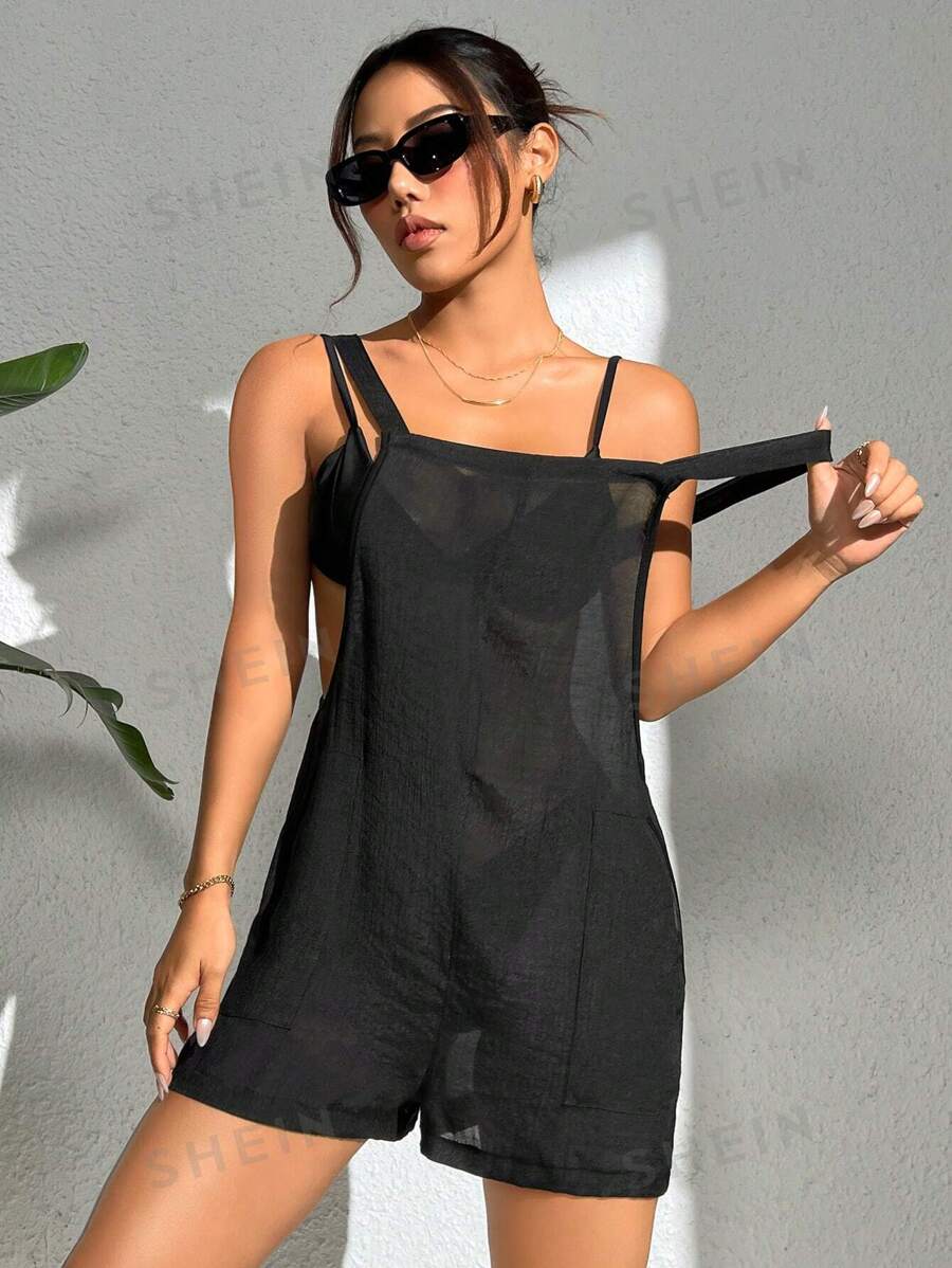SHEIN Swim Summer Beach 1pc Pocket Side Cover Up Romper | SHEIN USA