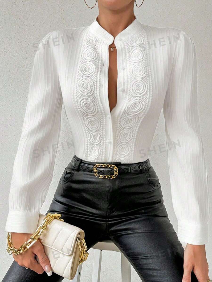 SHEIN Privé Ladies' Lace Splice Pleated Blouse | SHEIN UK