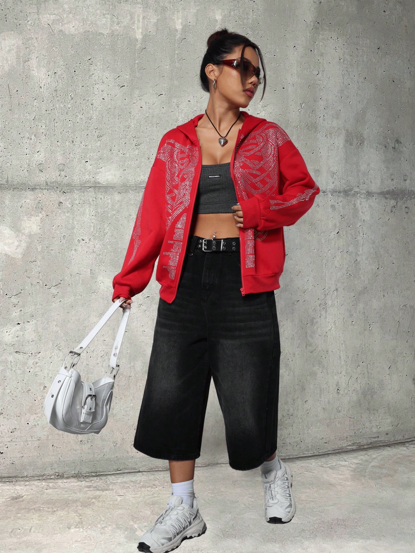 SHEIN Coolane Skeleton Thermal Transfer & Rhinestone Decor Zipper ...