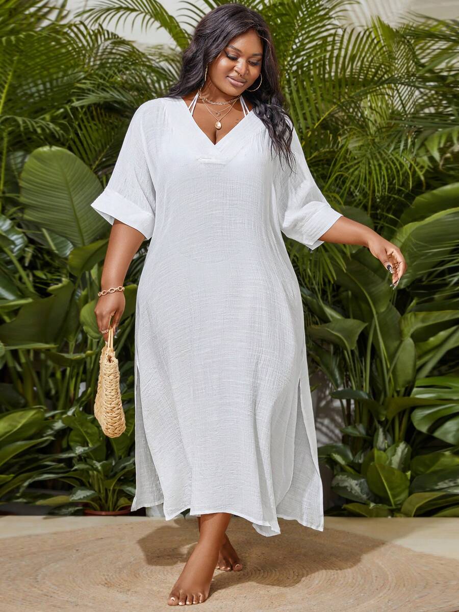 SHEIN Swim Curve Summer Beach Plus Size 1pc V-Neck Batwing Sleeve Slit ...
