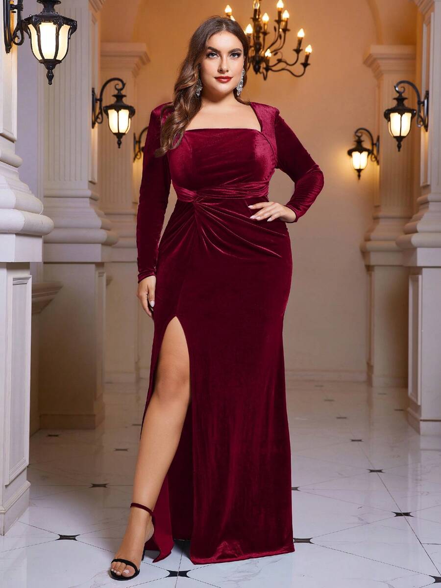 SHEIN Belle Burgundy Red Plus Size Velvet Evening Gown With Twist ...