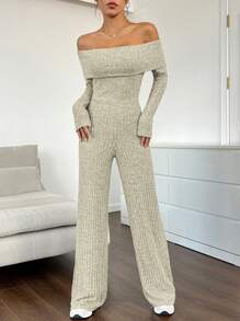 SHEIN EZwear Gevouwde Open schouders Geribbeld Jumpsuit met brede ...