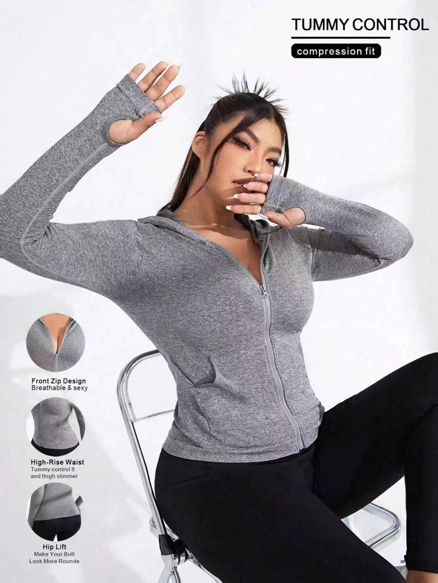 SHEIN Sport Studio Women's Plus Size Hooded Sports Jacket | SHEIN USA