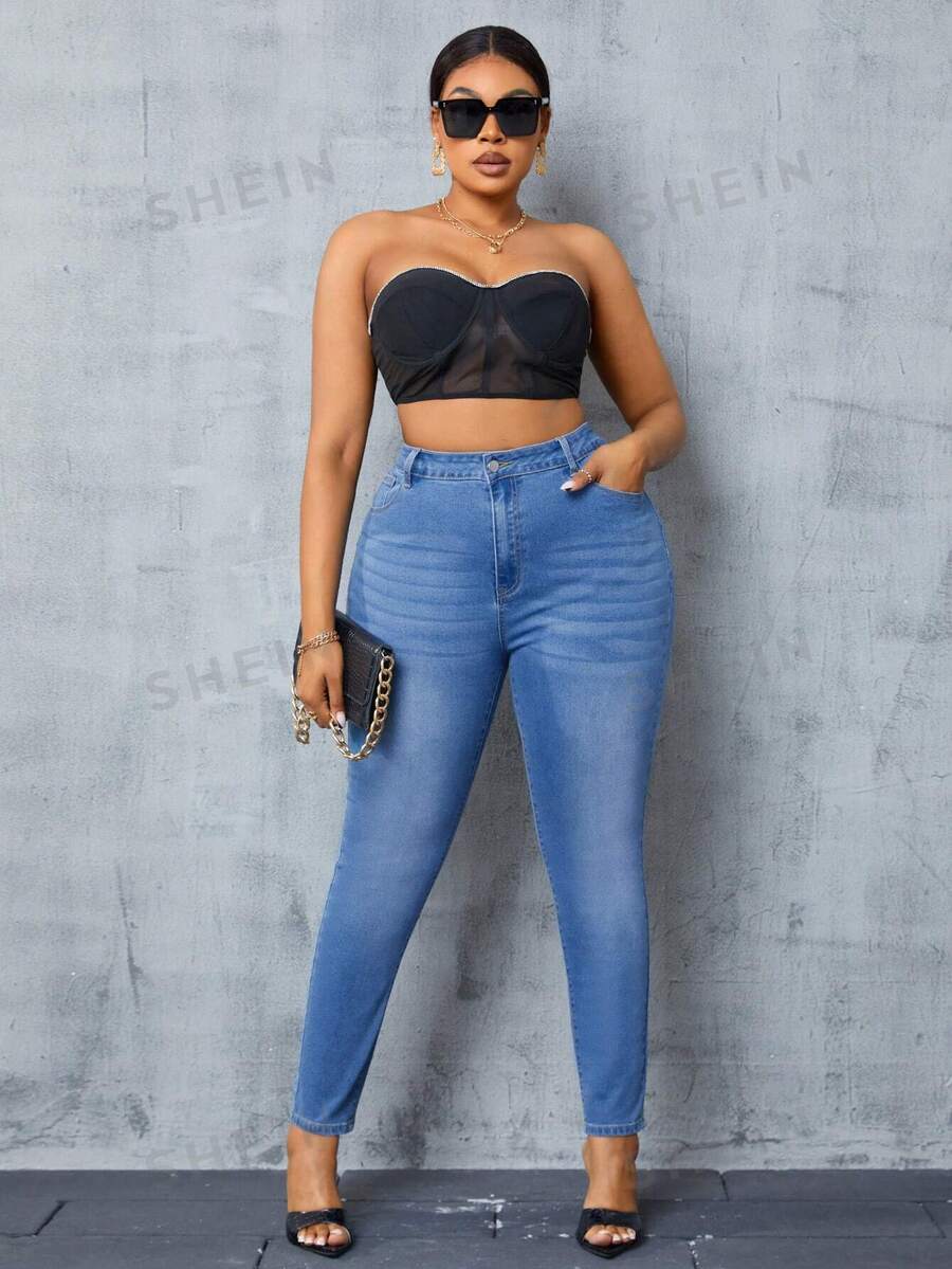 Shein Ezwear Plus Size Washed Skinny Jeans Shein Usa
