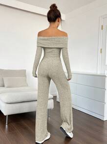 SHEIN EZwear Gevouwde Open schouders Geribbeld Jumpsuit met brede ...