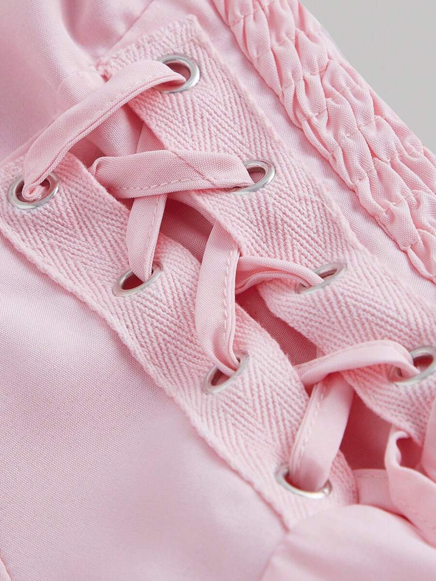 SHEIN MOD Plus-Size Retro Lace Trimmed Pink Cinched Waist Tie-Back Long ...