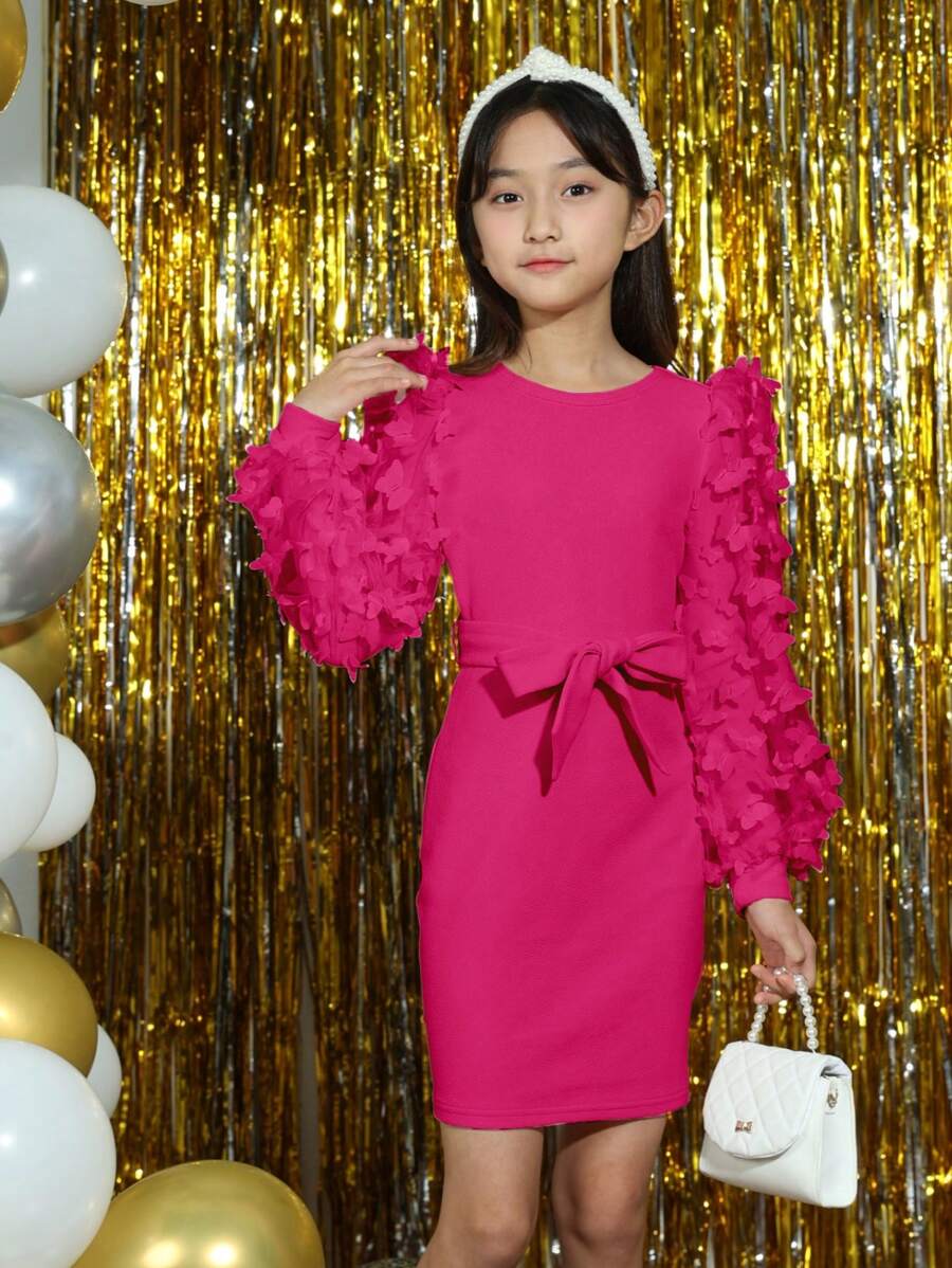 SHEIN Tween Girls' Fitted Dress With Butterfly & Mesh Patchwork And ...