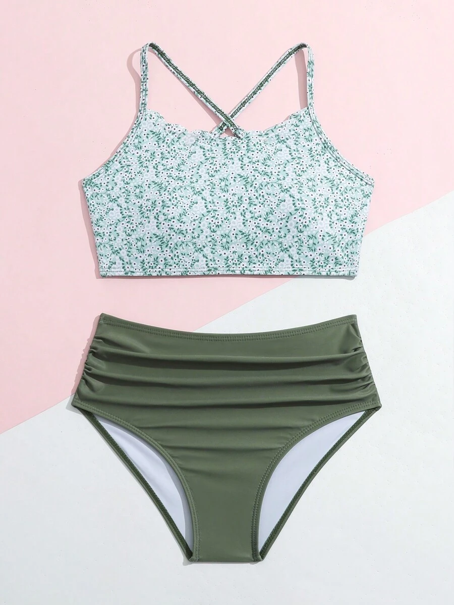 Conjunto de biquíni com babados florais aleatórios para meninas ...