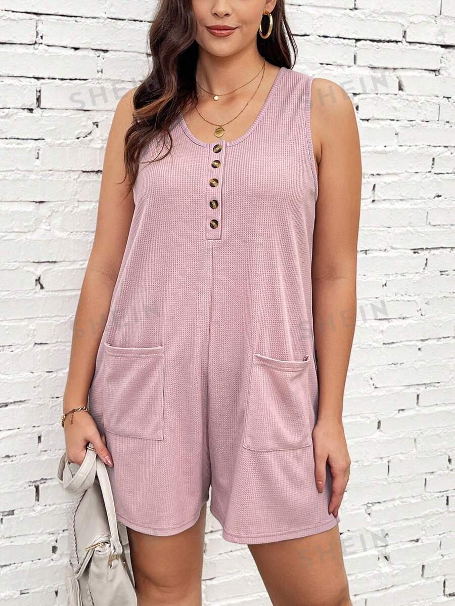 SHEIN LUNE Plus Size Pink Romper With Round Neck And Pockets, Women's Clothing | SHEIN USA