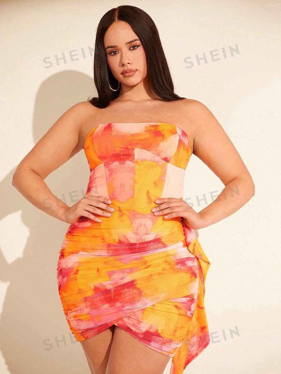 SHEIN BAE Plus Size Women'S Tie-Dye Draped Side Ruffled Mesh Strapless ...