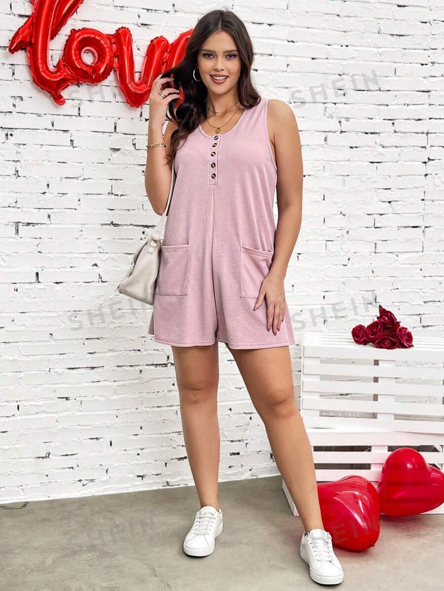 SHEIN LUNE Plus Size Pink Romper With Round Neck And Pockets, Women's Clothing | SHEIN USA