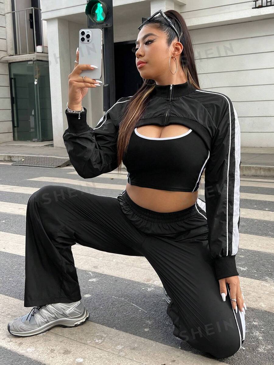 SHEIN EZwear Women'S Side Webbing Zip Fly Cropped Jacket Vest Trousers 3-Piece Set | SHEIN Singapore