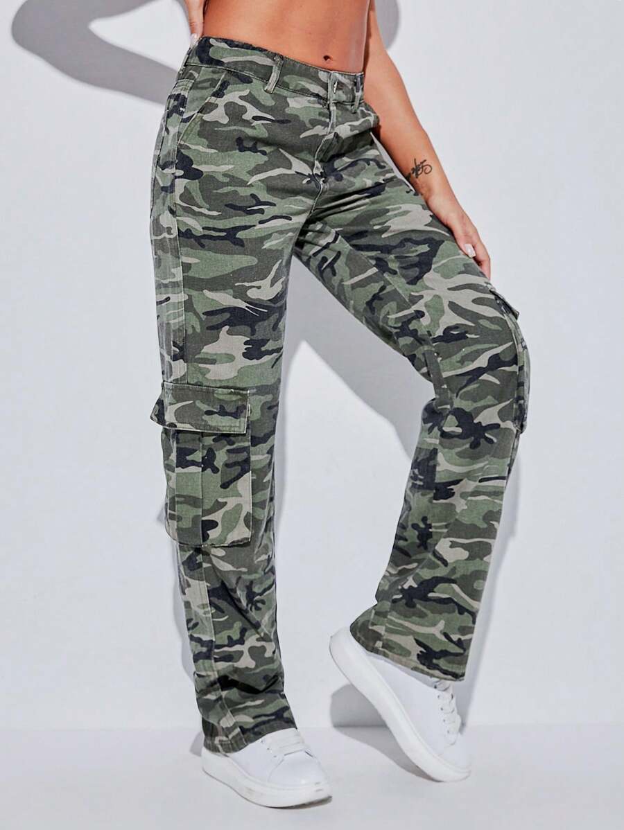SHEIN EZwear Women's Cargo Pocket Camouflage Denim Pants | SHEIN USA