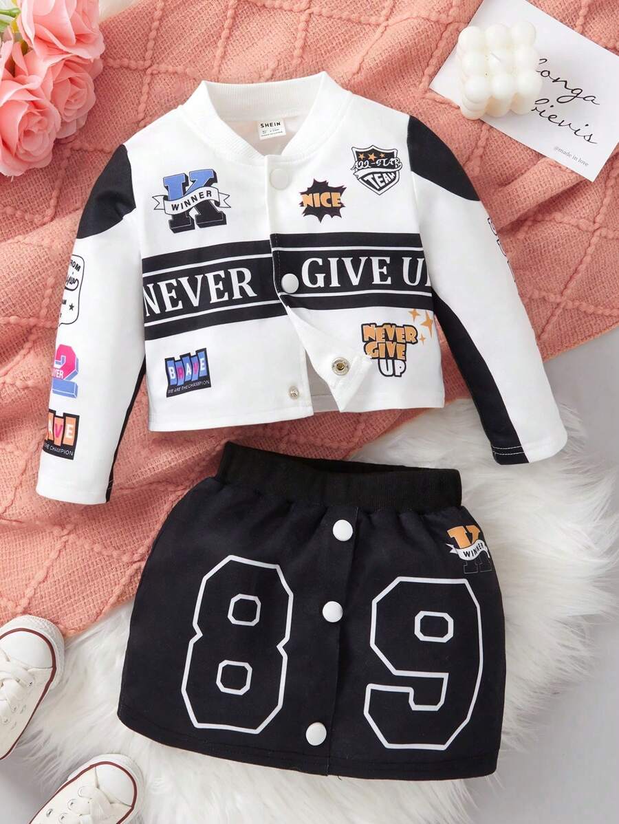 SHEIN Baby Girl Single-Breasted Letter Print Baseball Jacket And Skirt ...