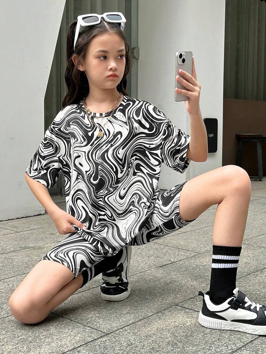 SHEIN Kids HYPEME Tween Girls' Sports Street Fashion Marble Print Suit | SHEIN UK
