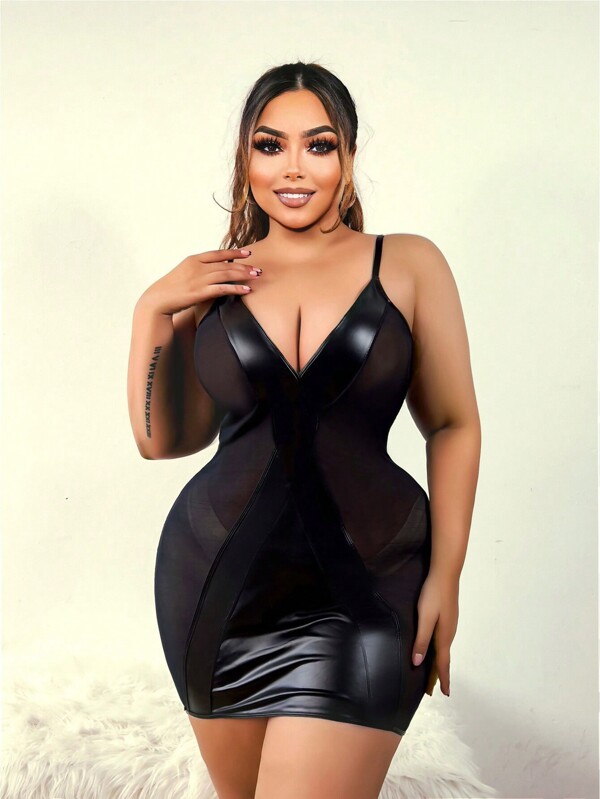 Womens Plus Size Mesh Splice Tight Fitting Sexy Camisole Lingerie