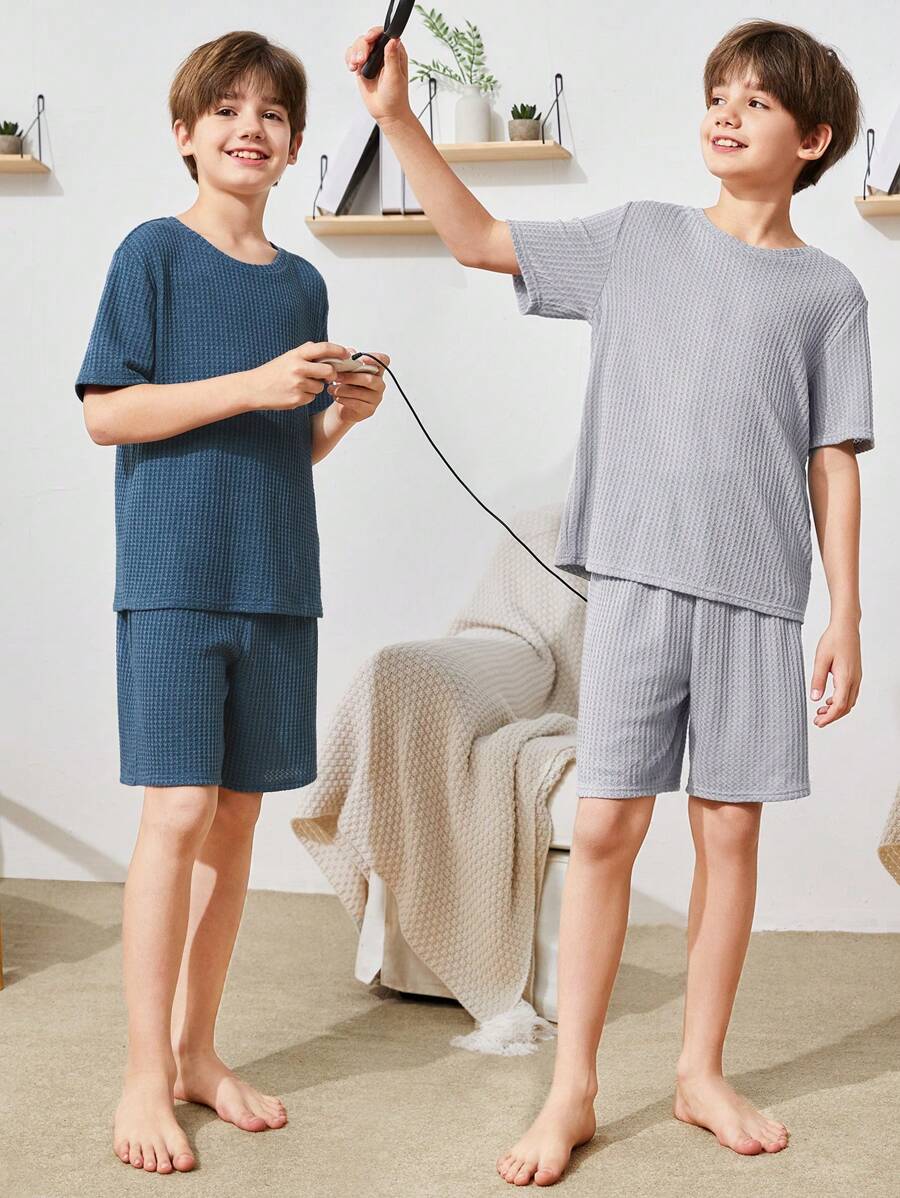 SHEIN 4 Teile/satz Tween Jungen Casual Rundhals Einfarbig Kurzarm T-shirt Und Shorts Hause ...