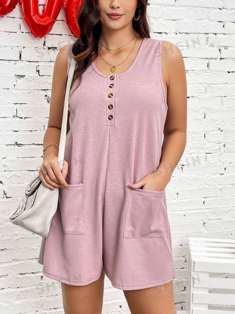 SHEIN LUNE Plus Size Pink Romper With Round Neck And Pockets, Women's Clothing | SHEIN USA