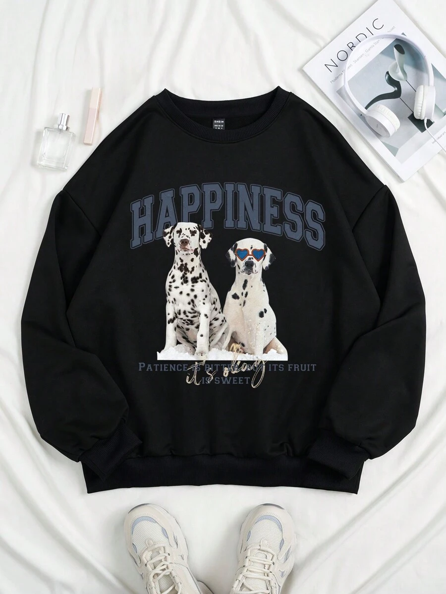 SHEIN EZwear Dalmatian Dog & Letter Print Round Neck Plus Size Women's ...