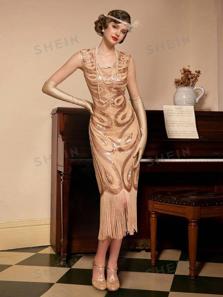 New Arrival 1920s Gatsby Dress Champagne Sequin Art Deco Flapper Dress ...