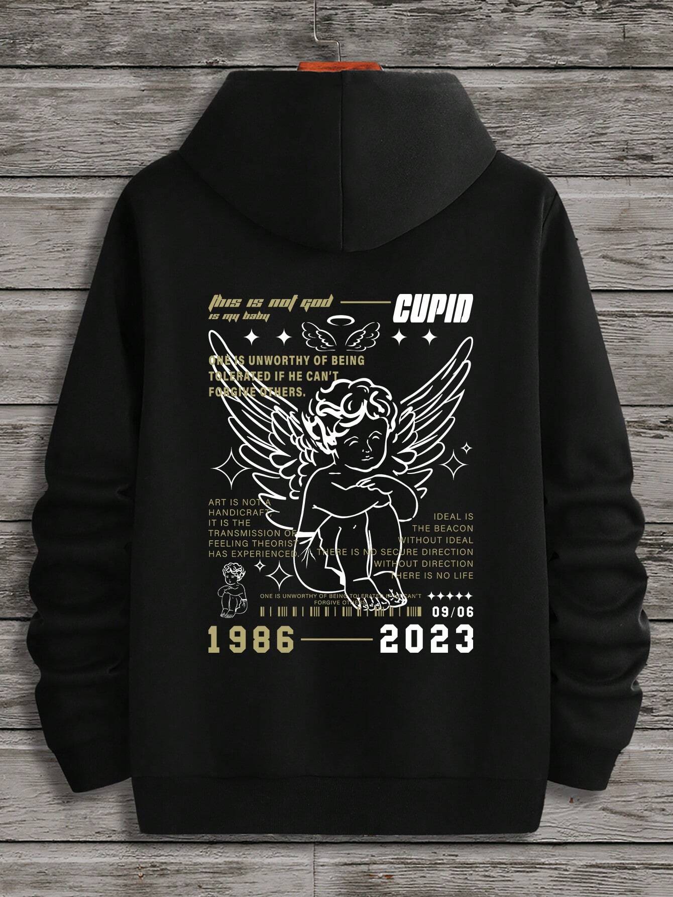 Manfinity EMRG Men's Angel And Slogan Printed Fleece Hoodie With ...