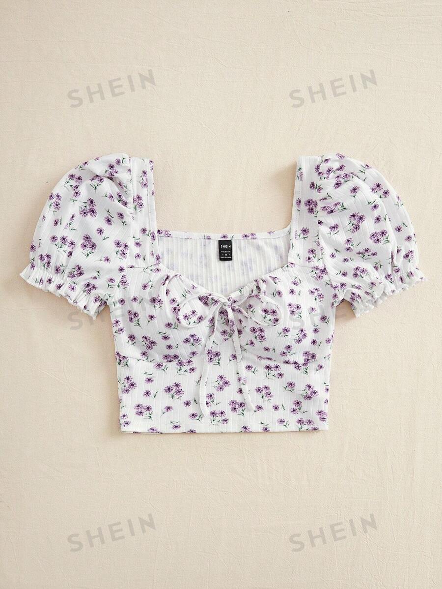 Shein Wywh Ditsy Floral Print Knot Front Crop Tee Shein Uk