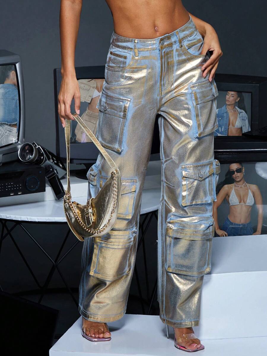 SHEIN BAE Gold Metallic Workwear Pocket Details Loose Party Women's ...