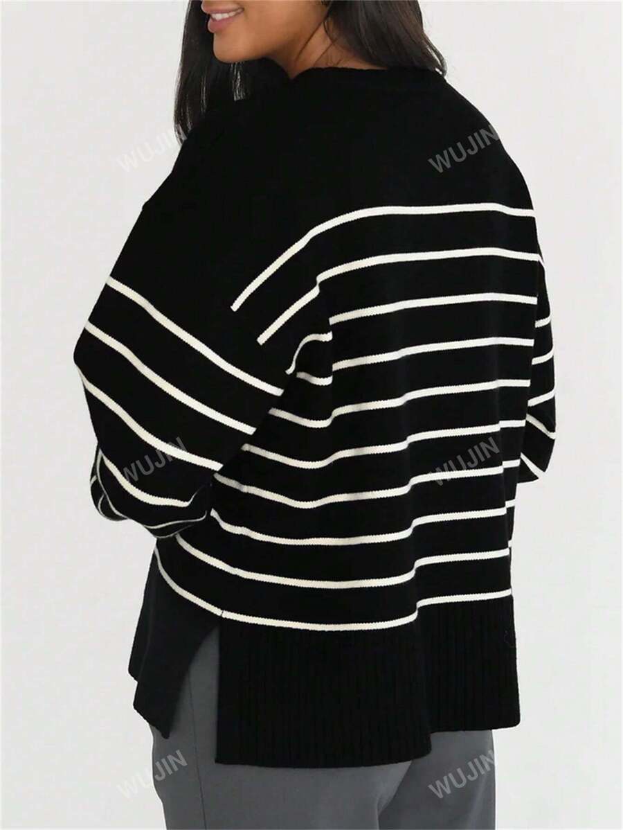 Womens Casual Round Neck Drop Shoulder Long Sleeve Striped Sweater