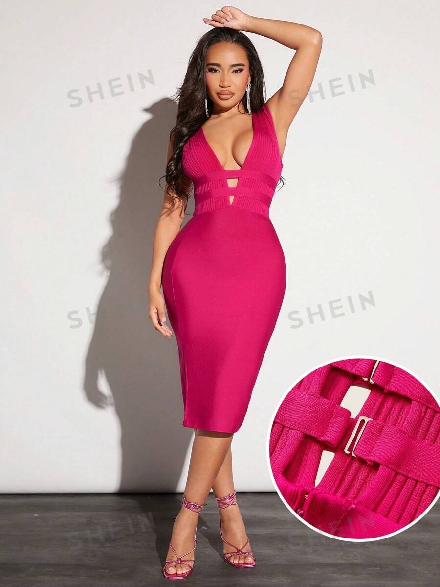 SHEIN SXY Valentine's Day Bandage Charming Deep V Neck Backless Sleeveless Rose Red Dress ...