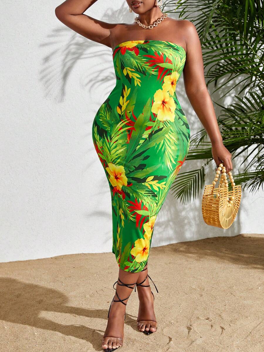 SHEIN Slayr Plus Size Tropical Print Strapless Dress | SHEIN USA