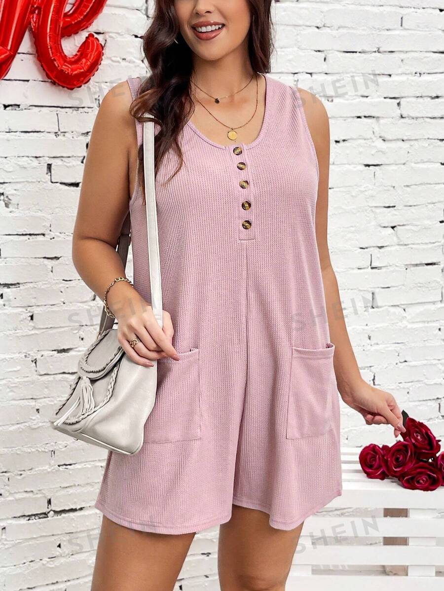 SHEIN LUNE Plus Size Pink Romper With Round Neck And Pockets, Women's Clothing | SHEIN USA