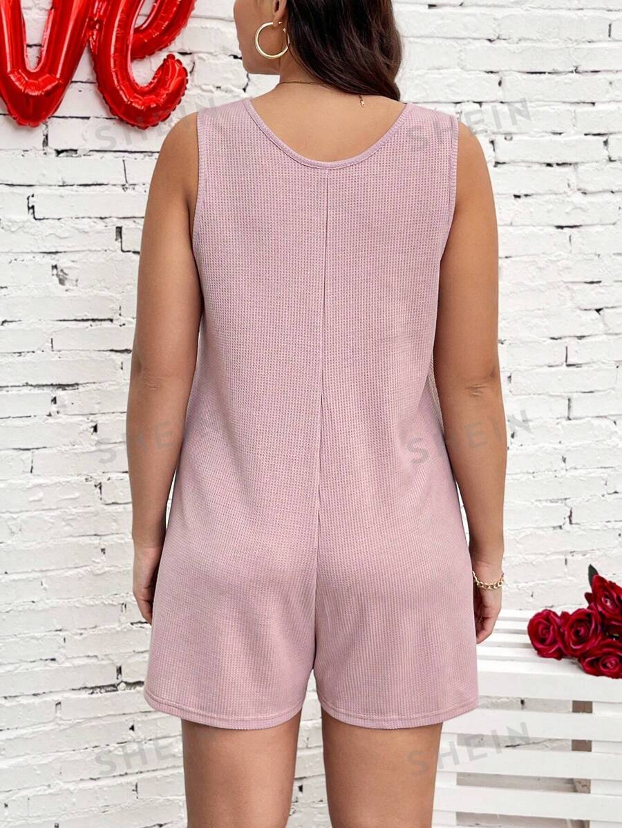 SHEIN LUNE Plus Size Pink Romper With Round Neck And Pockets, Women's ...