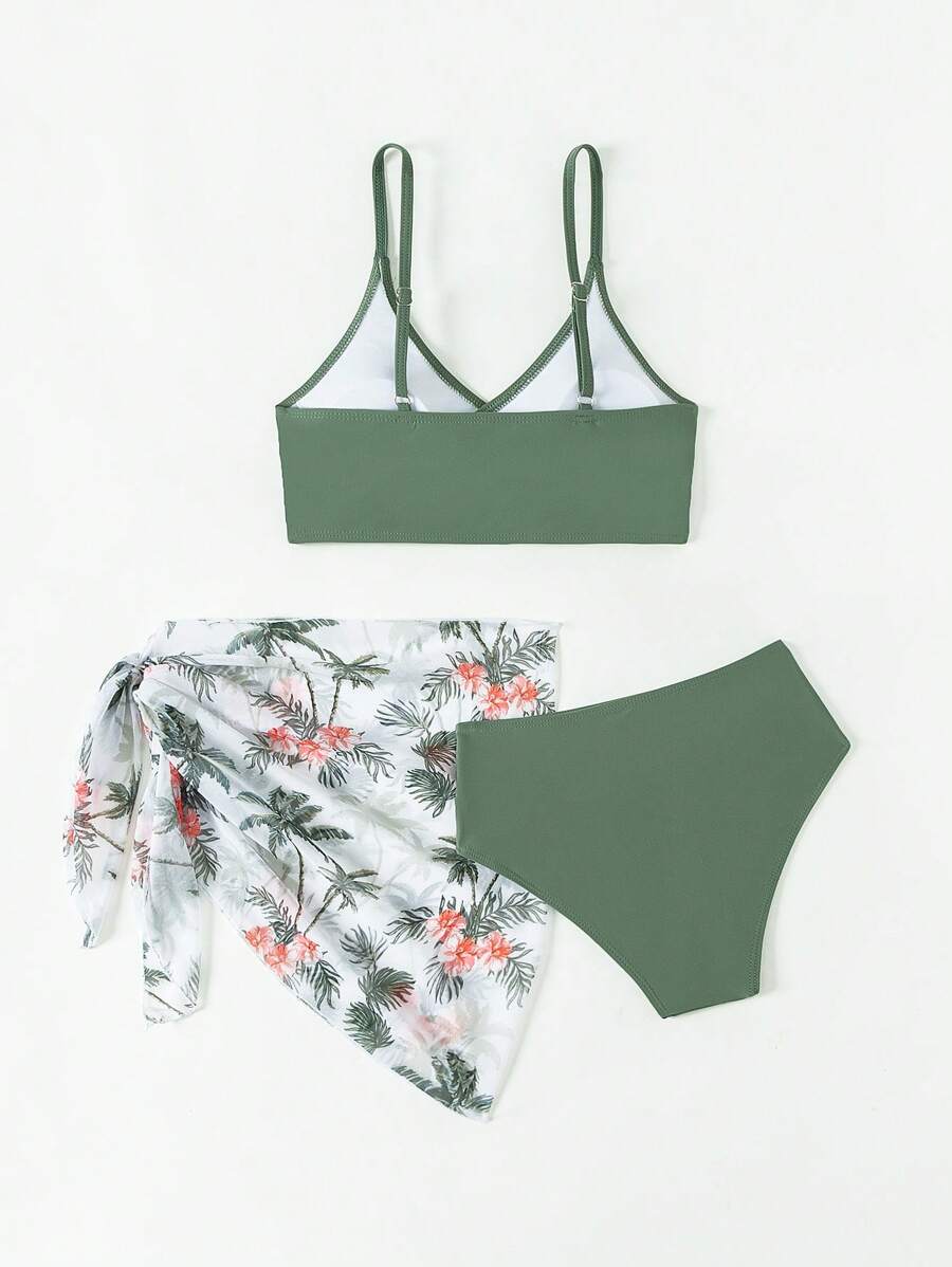Tween Girls Three-Piece Swimsuit Set With Coconut Tree Print Triangle ...
