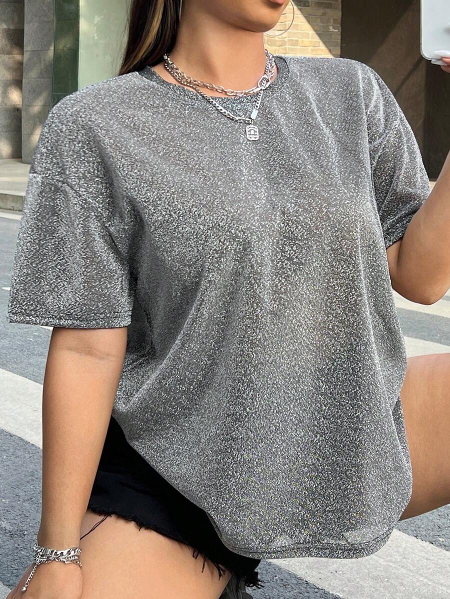 SHEIN Coolane Plus Size Women'S See-Through Silver Laser T-Shirt | SHEIN UK