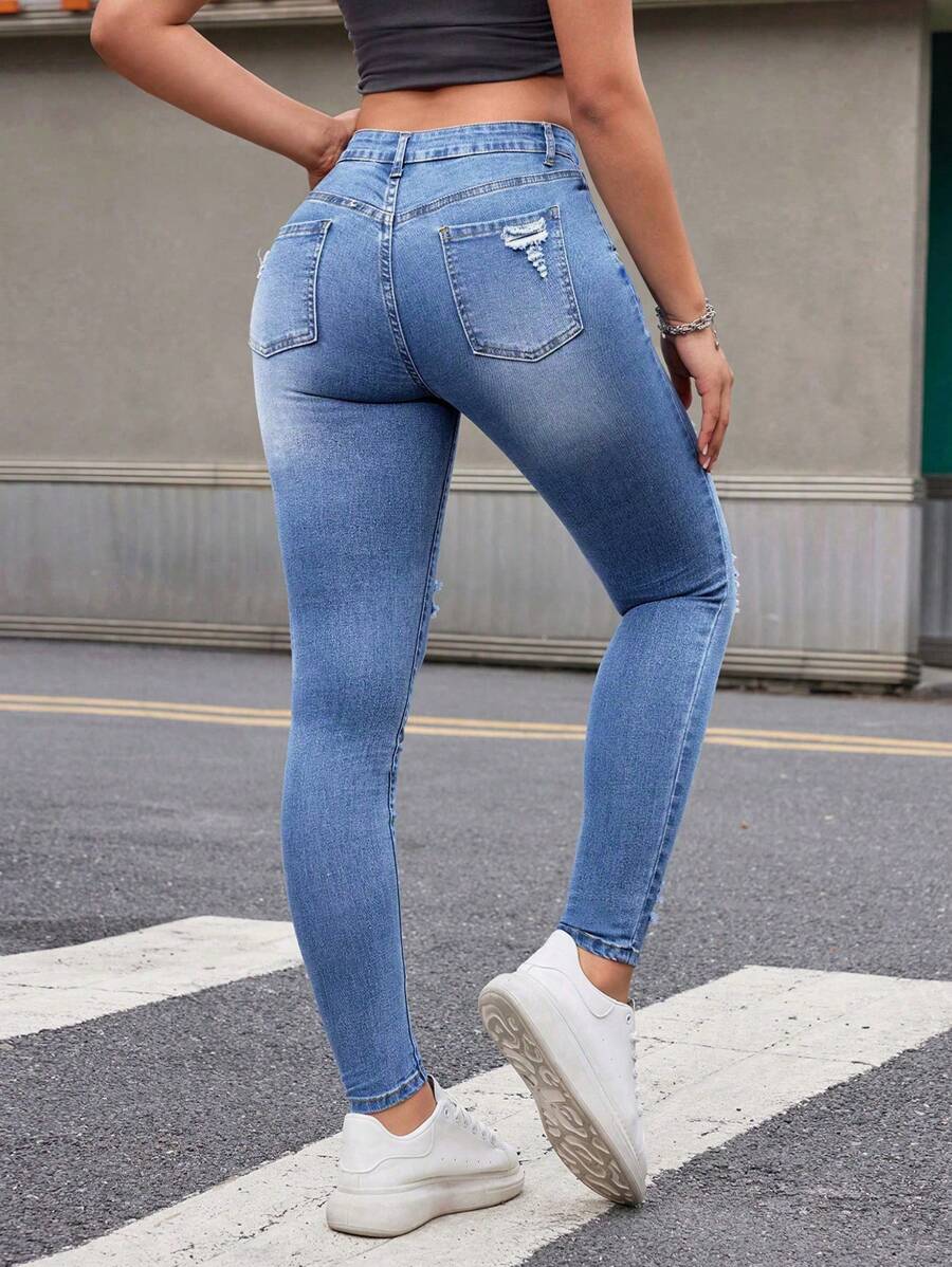Distressed Wash Jeans Ripped Jeans | SHEIN USA