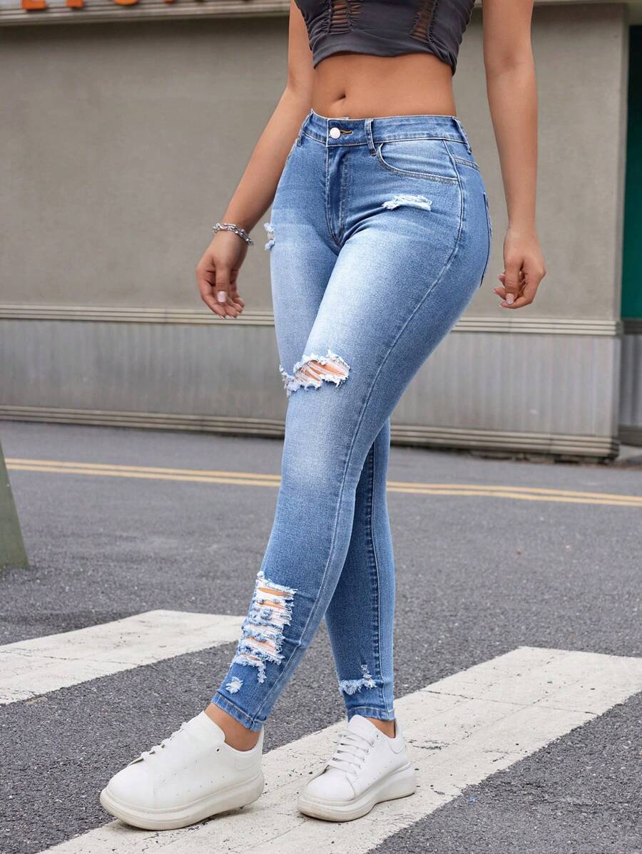 Distressed Wash Jeans Ripped Jeans | SHEIN USA