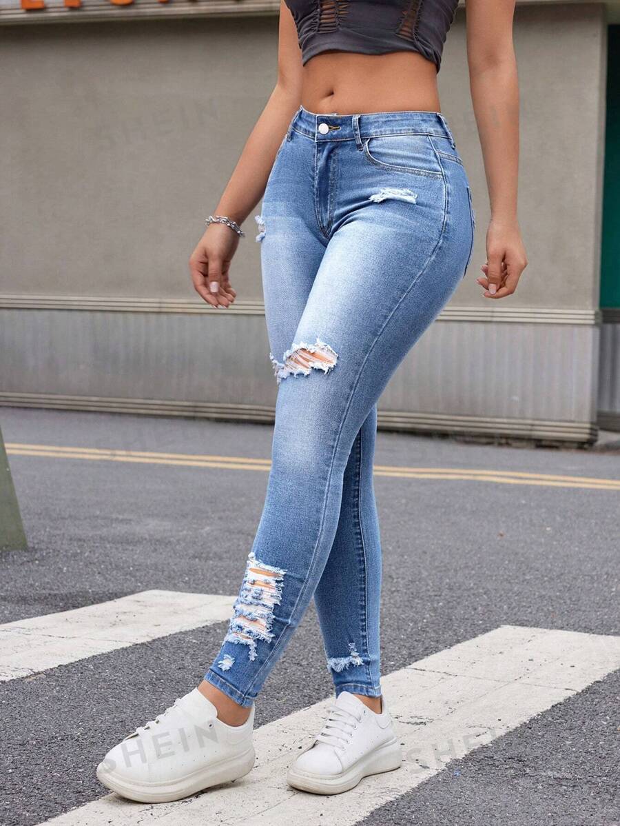 Distressed Wash Jeans Ripped Jeans | SHEIN USA