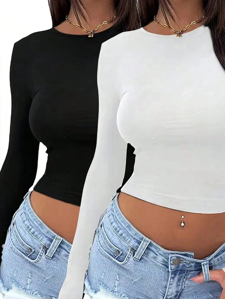 INAWLY 2pcs Long Sleeve Crop Top T-Shirt Fall Cloth For Women | SHEIN USA