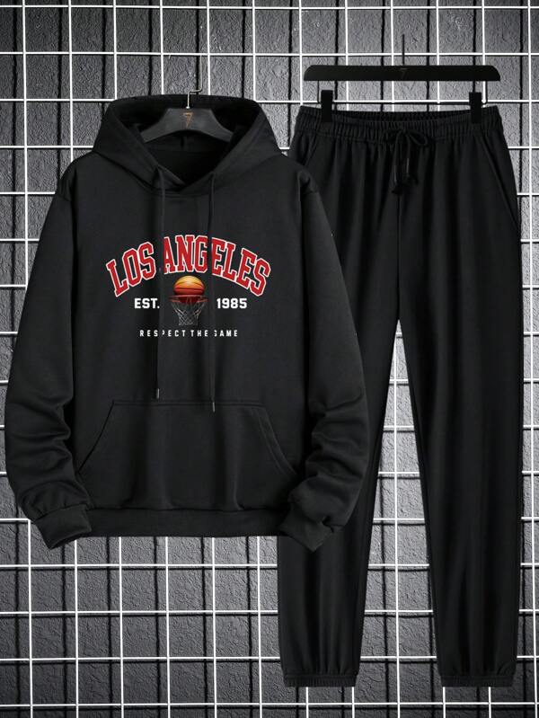 Manfinity Hypemode Men'S Letter Print Solid Color Hoodies And Pants Set | SHEIN USA