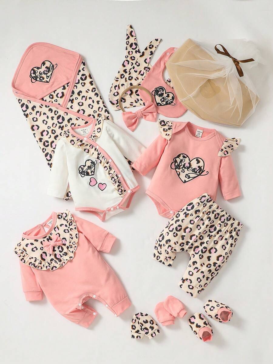 SHEIN Newborn Baby Girls' 4-Piece Leopard Print Lace Heart Embroidered ...