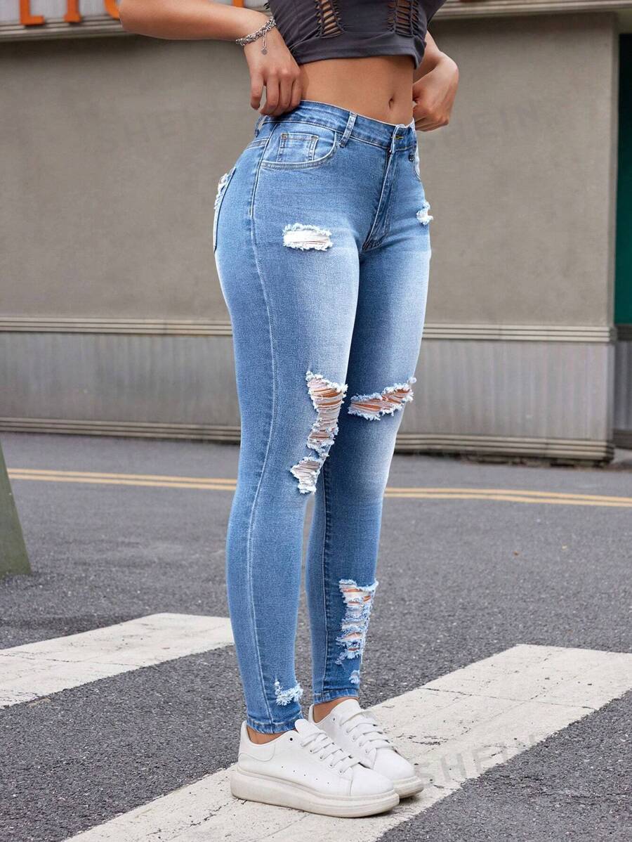 Distressed Wash Jeans Ripped Jeans | SHEIN USA